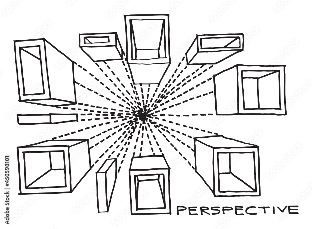 Hand drawn of isometric one point perspective basic drawing showing ...