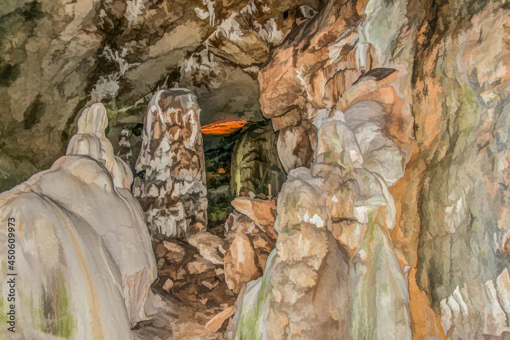 Abstract drawing of an underground cave with stalactites and ...