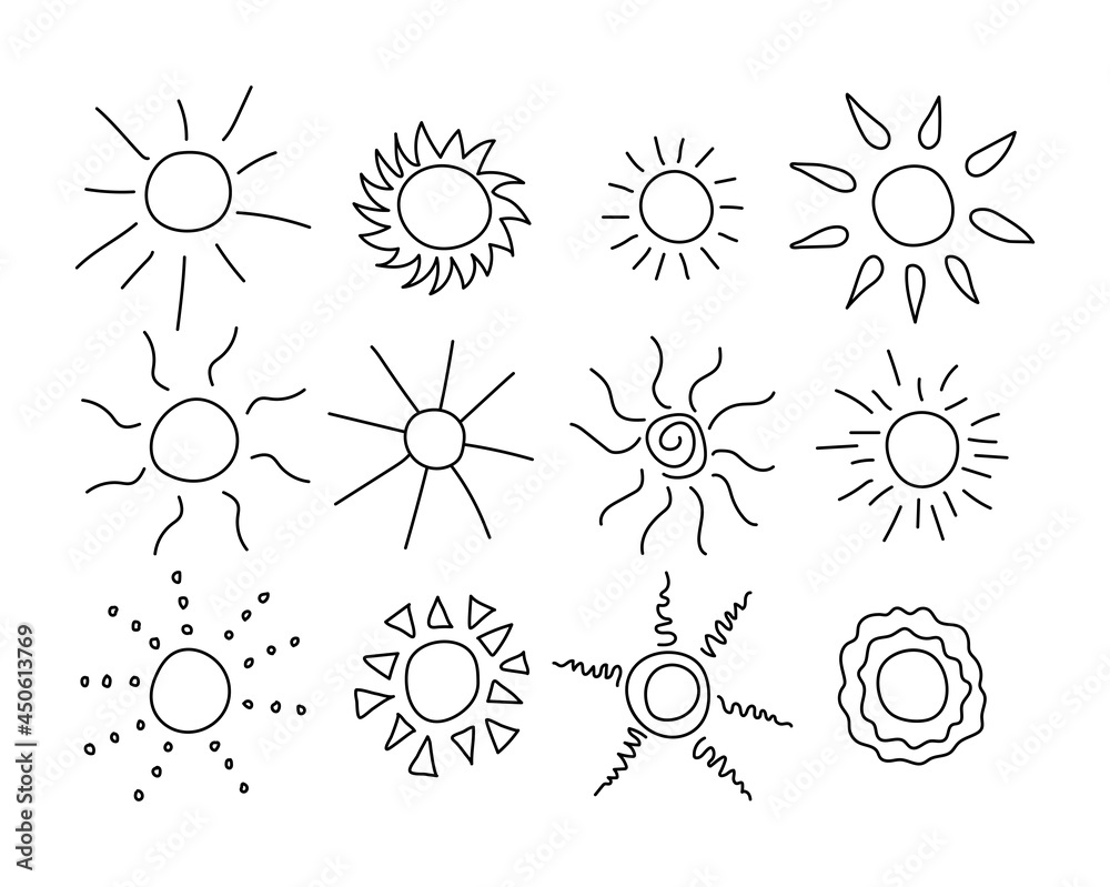 Different shapes of the sun hand drawn. Children's drawings of the sun ...
