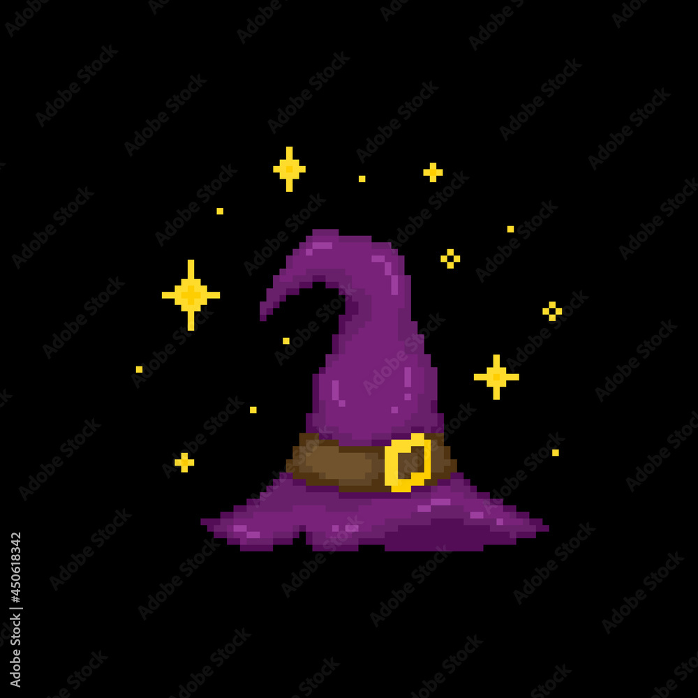 Pixel art Wizard Hat on a black background. Retro pixel witch or mage ...