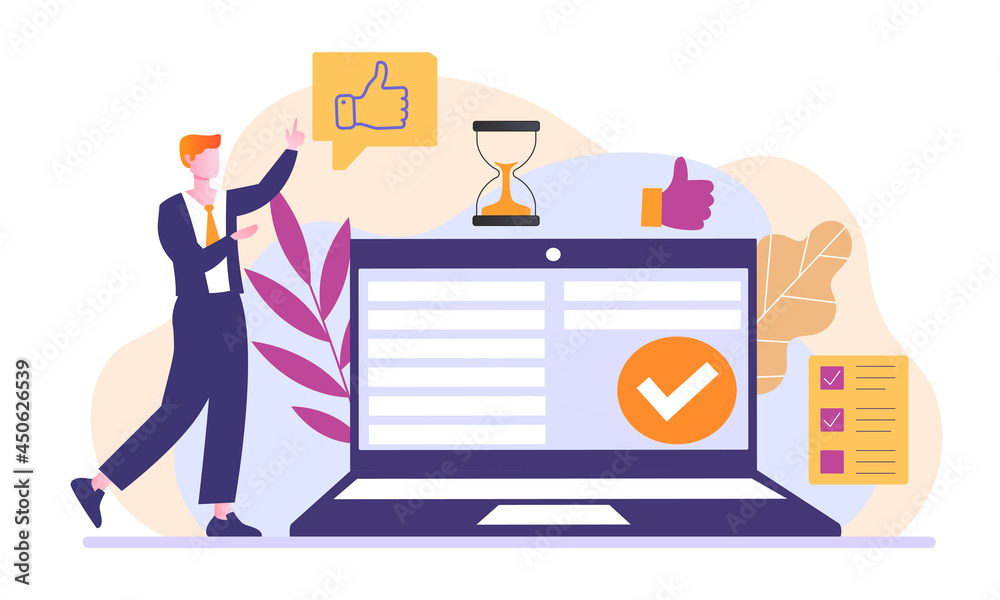 Happy male character completed his task and triumphing with raised ...