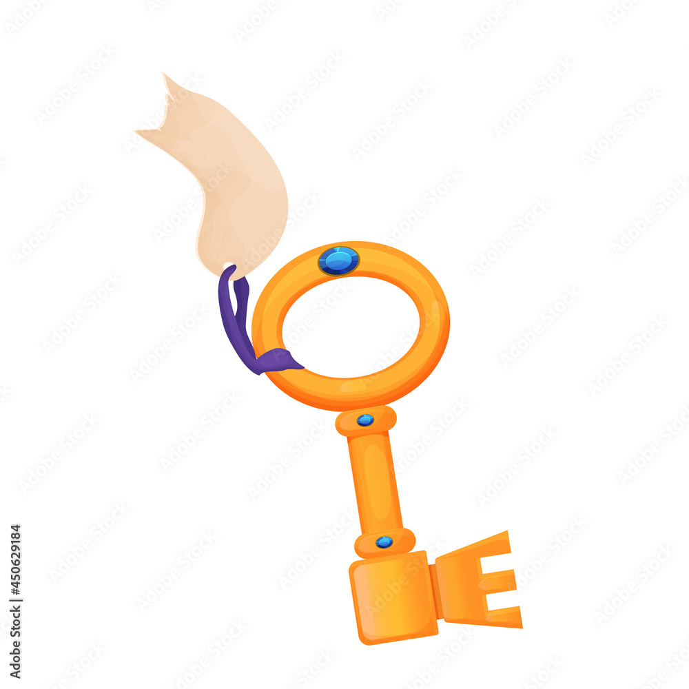 Golden key with gem stones and ribbon, ancient castle tool in cartoon ...