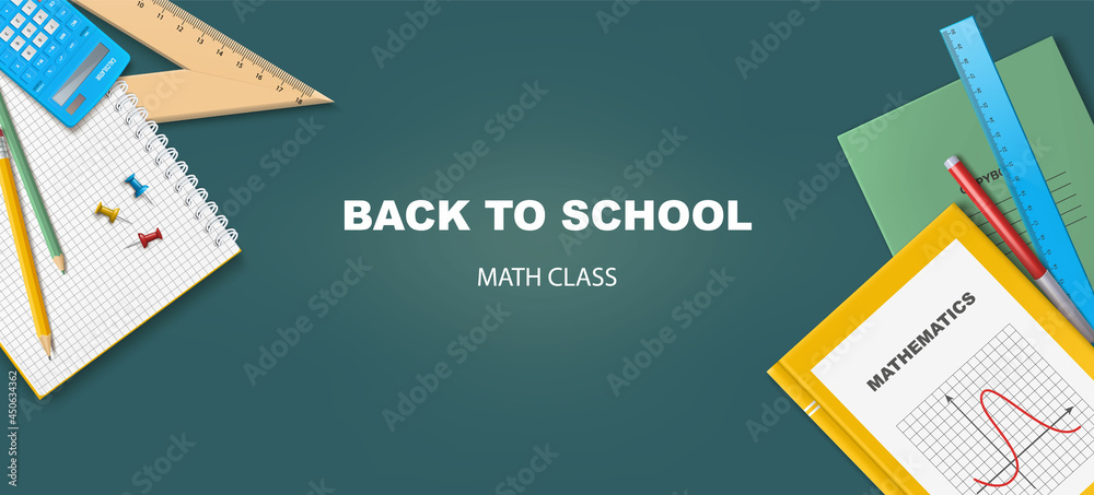 horizontal banner with textbook, notebook, ruler, pencils, calculator ...