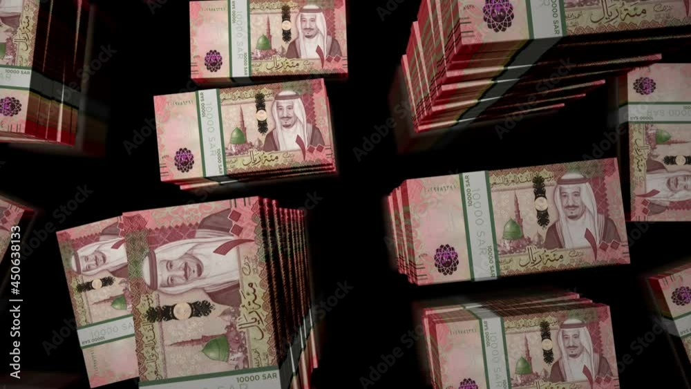 Saudi Arabia Riyal money pack loop. Flight over SAR banknotes stacks ...