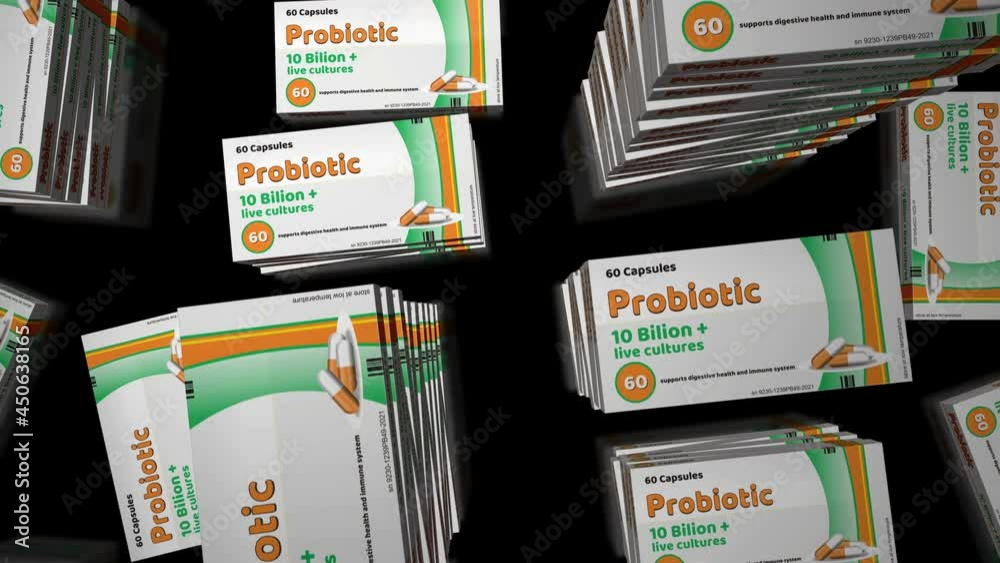 Probiotic pack production. Medical antibiotic therapy drug box ...