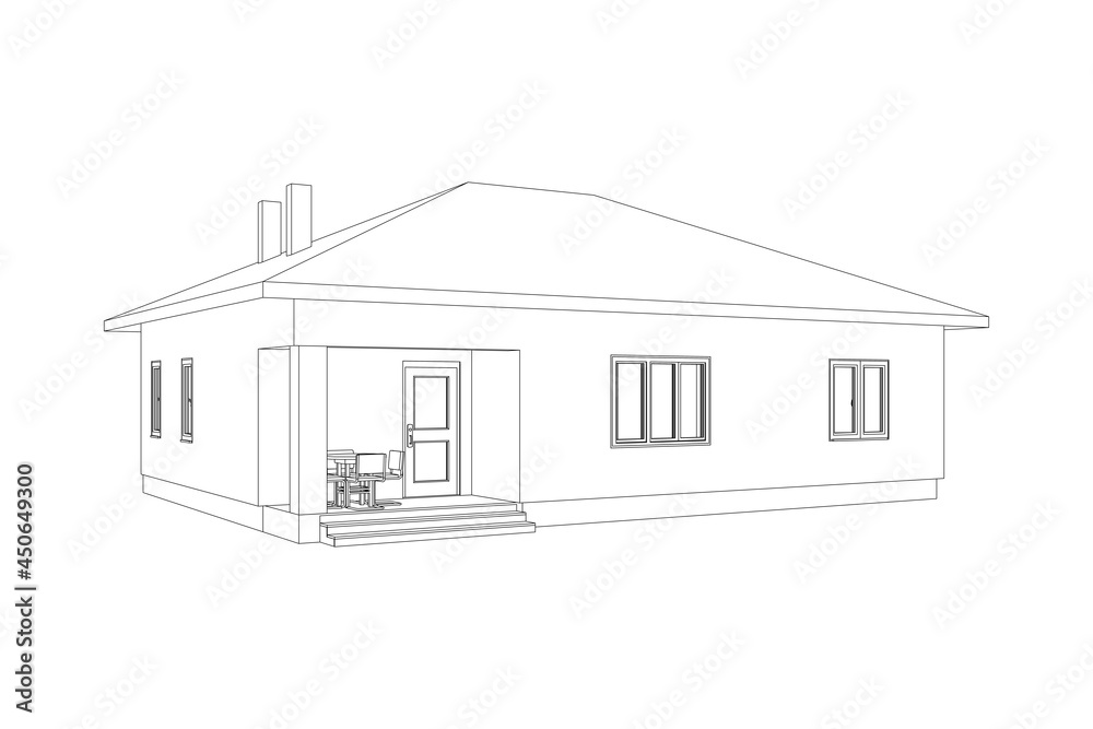 Building perspective 3D. Drawing of the suburban house. Outlines ...
