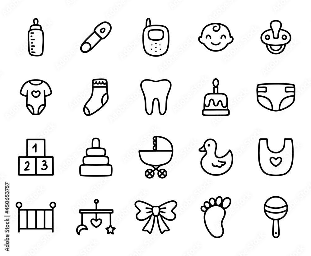 Doodle hand drawn baby related icons collection isolated on white ...