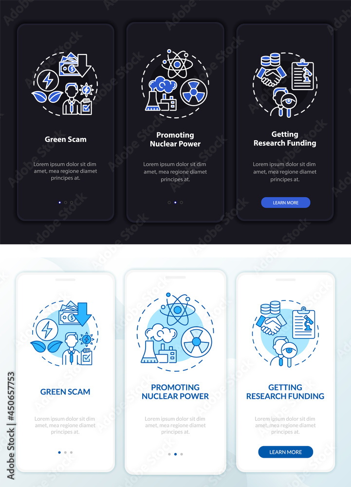 Nuclear energy promotion onboarding mobile app page screen. Green scam ...