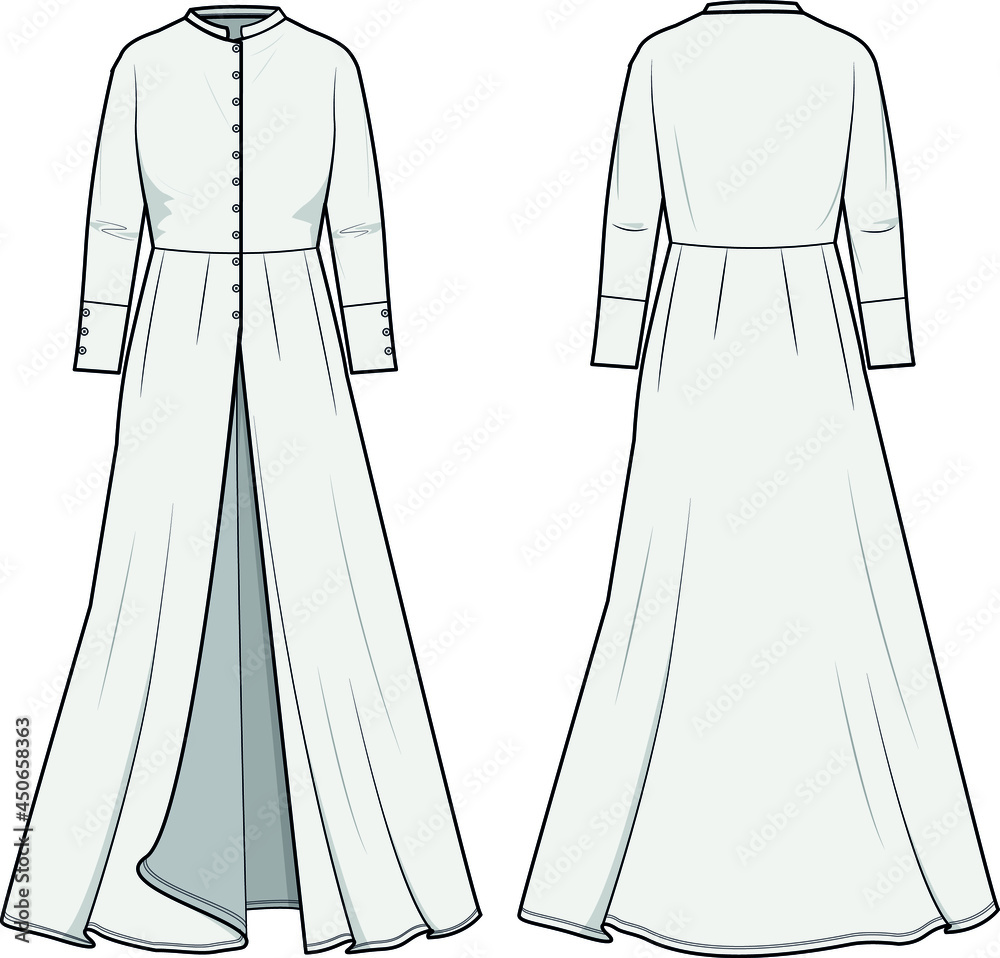 Women Long Sleeve Chinese Collar Front Slit Kurtha Front and Back View ...