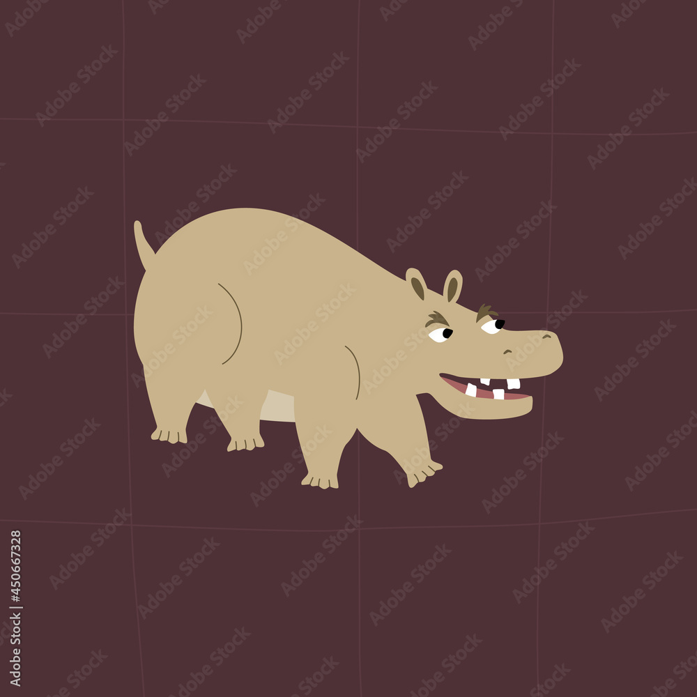 Creepy hippopotamus with funny teeth. Cute animal character on a purple ...
