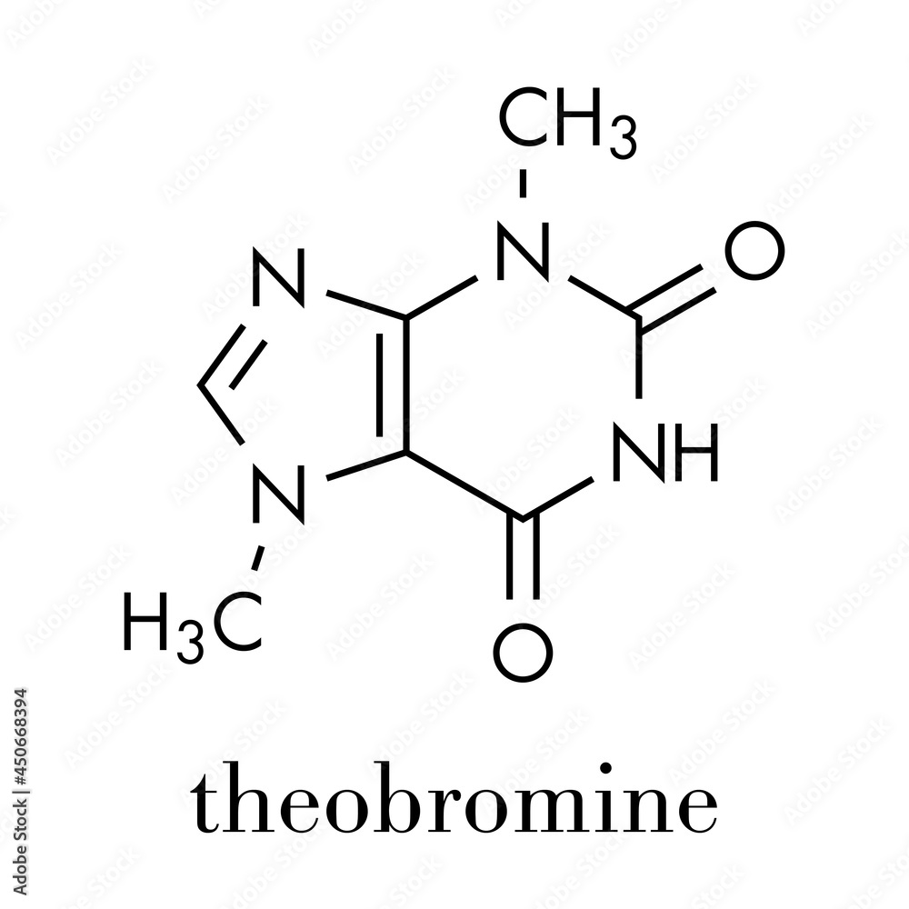 Theobromine (xantheose) chocolate alkaloid molecule. Present in cacao ...