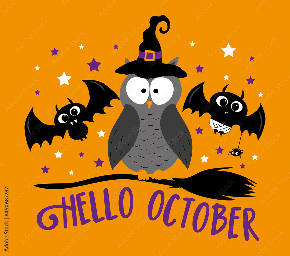 Hello October- happy greeting for halloween with cute bats, spider and ...