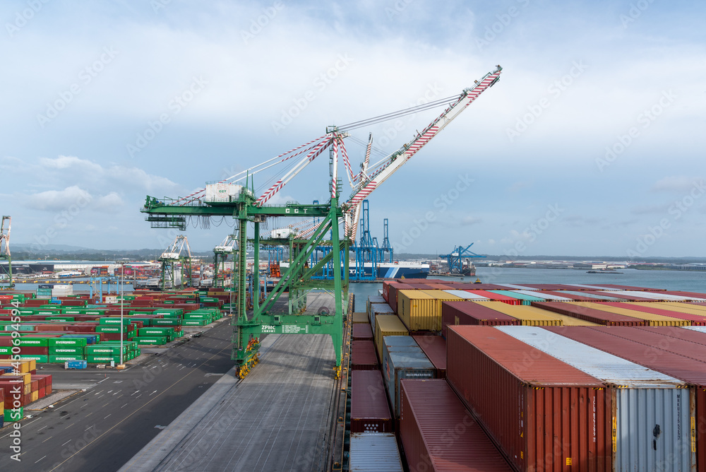 Container terminal in the port of Cristobal, Panama, view on the gantry ...