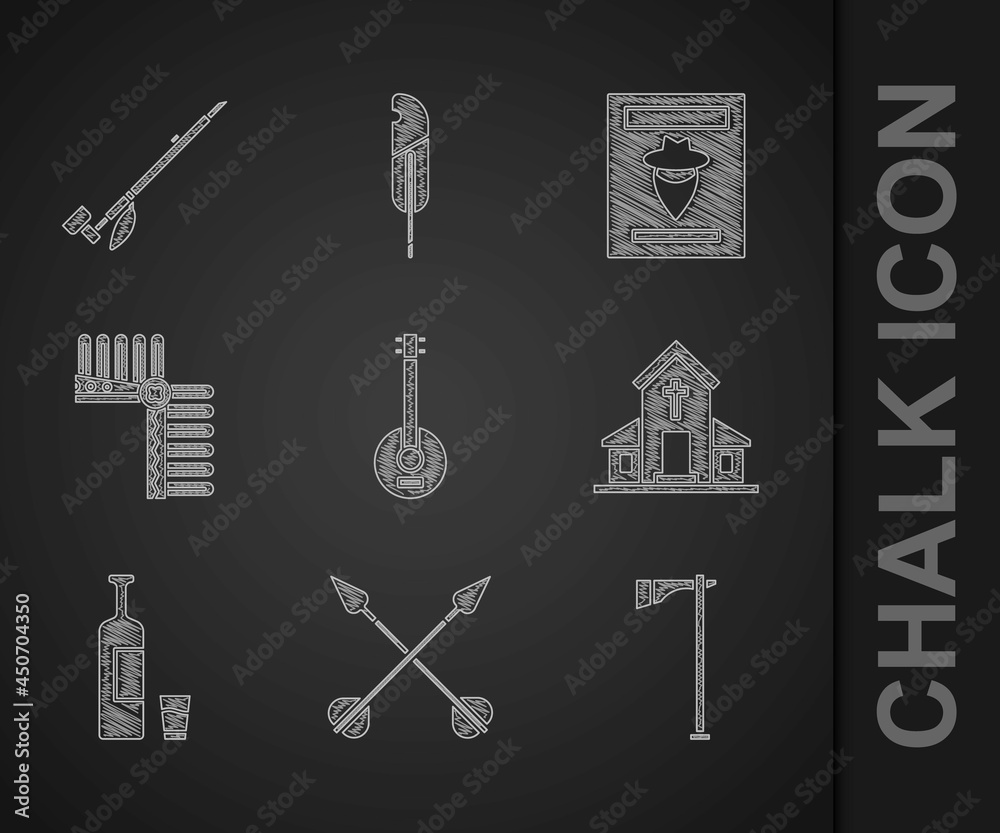 Set Banjo, Crossed arrows, Tomahawk axe, Church building, Whiskey ...