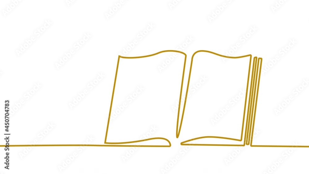 Self drawing animation of open book golden yellow outline. White ...