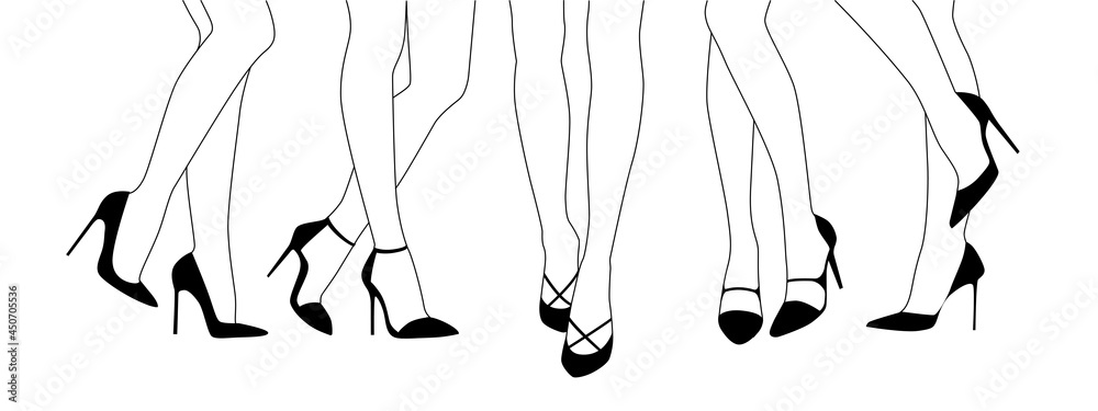 Fashion illustration of girls feet in high-heeled shoes. Monochrome ...