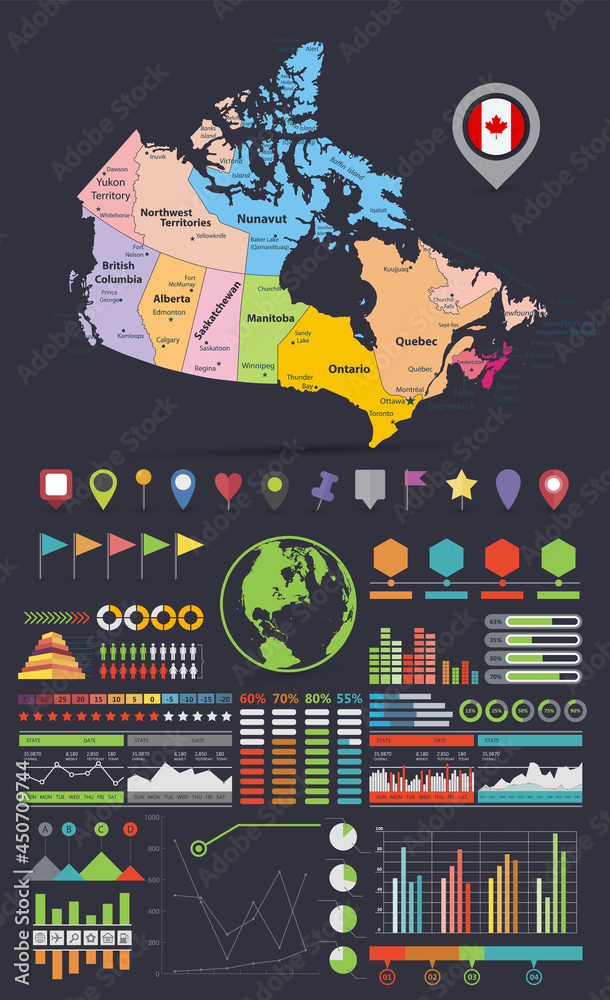 Canada map and Infographics design elements. Dark background Stock ...
