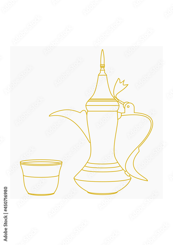 Editable Side View Traditional Arabic Coffee with Dallah Pot and Finjan ...