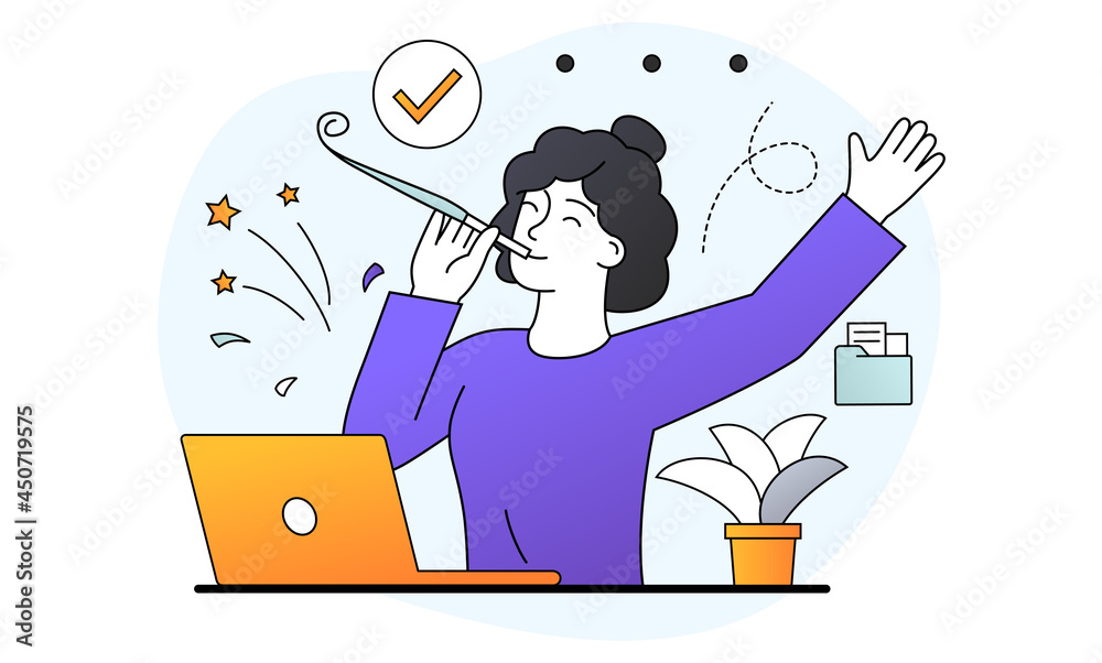 Success in work, winning online, technology concept. Smiling female ...