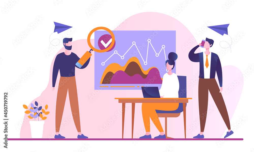 Male and female characters are attending business meeting in office ...