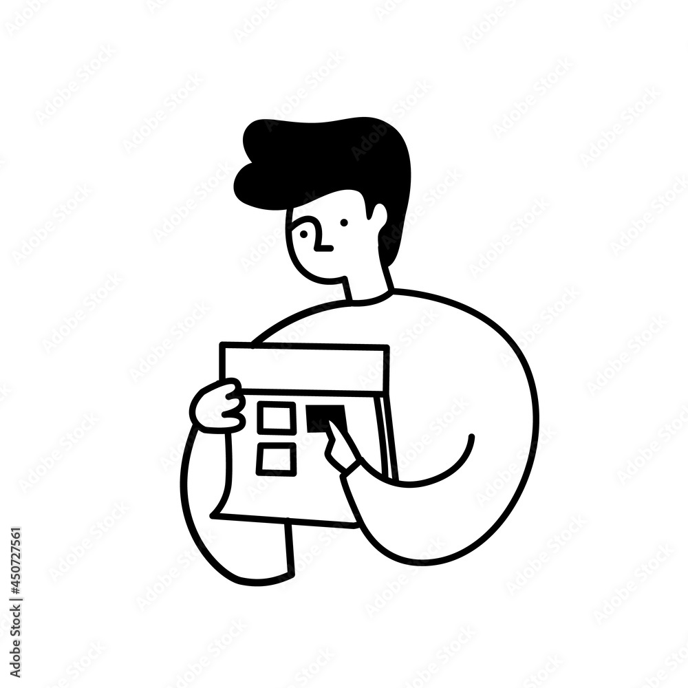 Vector simple linear black-and-white illustration of a person holding a ...