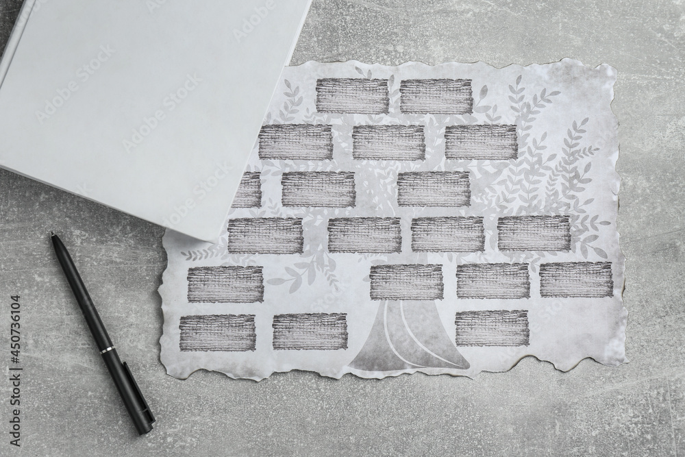 Blank family tree, book and pen on grey table, flat lay Stock Photo ...