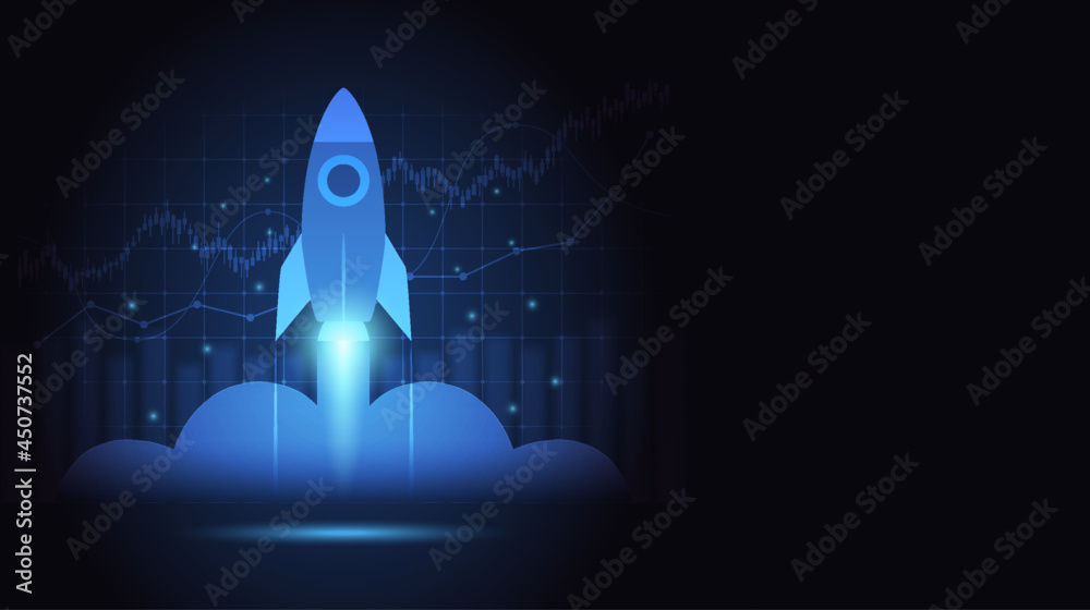 Start up concept with Financial graph and rocket launch on blue chart ...