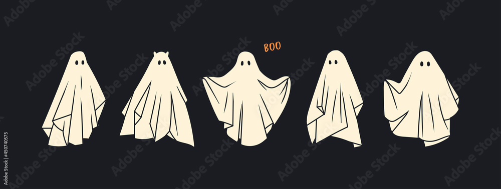 Set of cloth Ghosts. Flying Phantoms. Halloween scary ghostly monsters ...