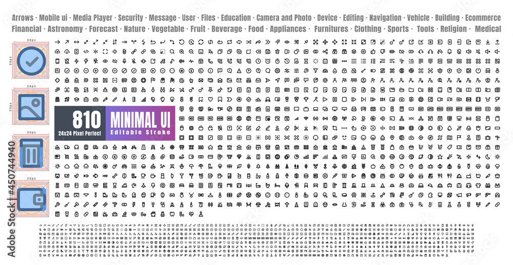 24x24 Pixel Perfect. Basic User Interface Essential Set. 810 Line ...