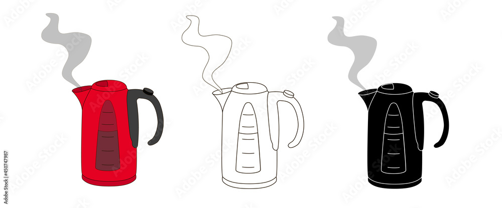 A set of closed electric kettles with water and steam - one red in ...
