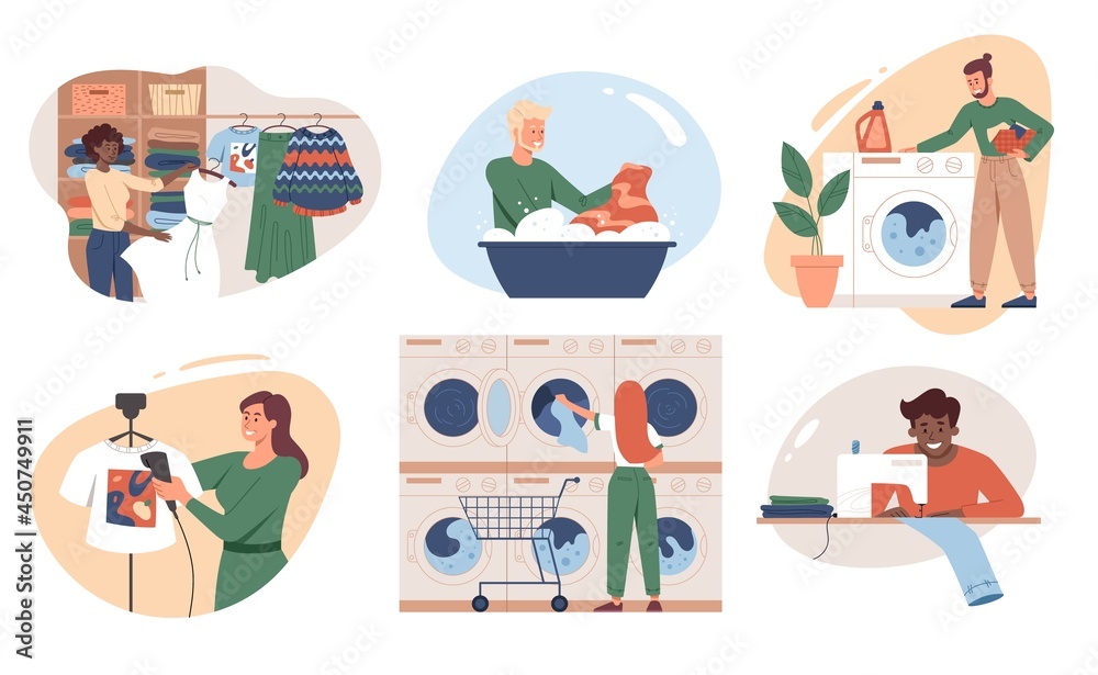 Set of garment care scenes with male and female characters cleaning ...