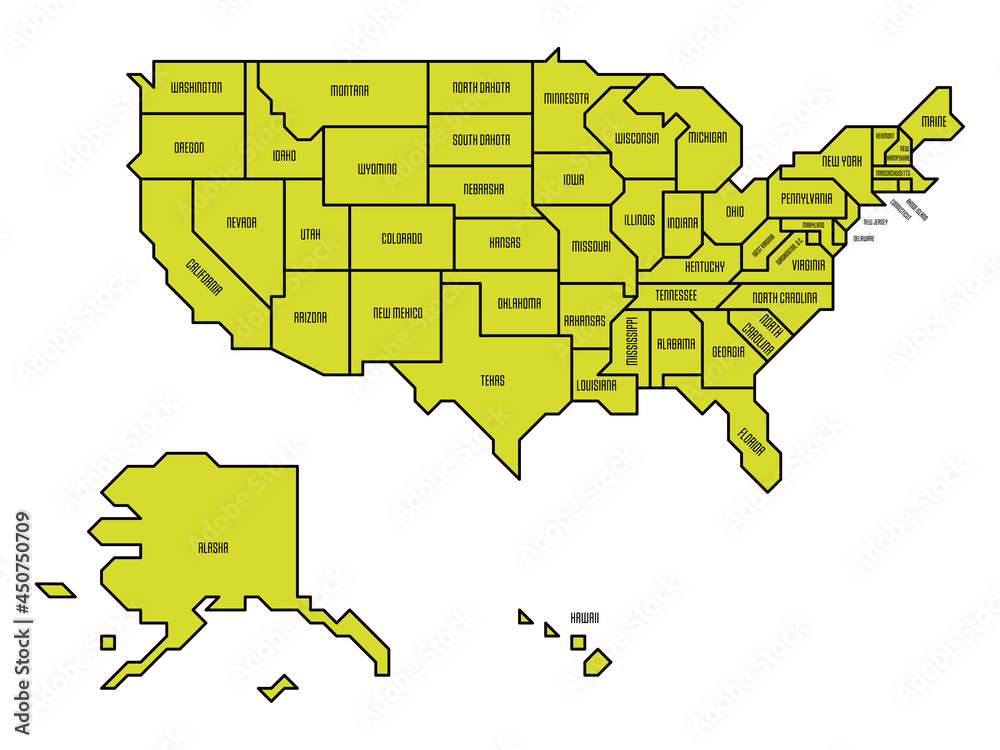 Green simplified map of USA, United States of America. Retro style ...