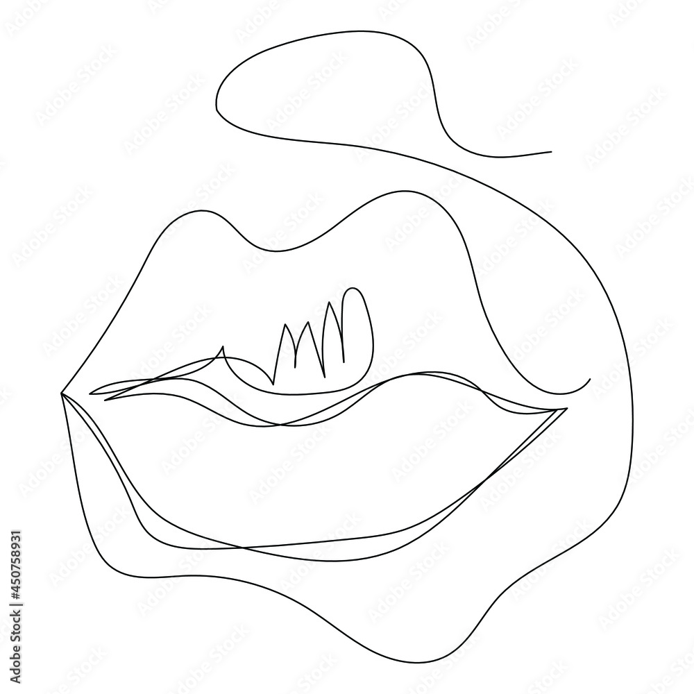 Full lips in one line on a white background. Contour of seductive ...