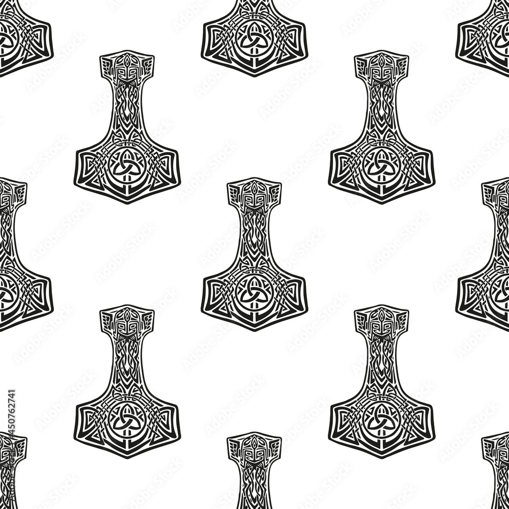 Seamless pattern with weapons of the god Thor - mjolnir, on a white ...