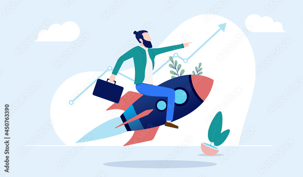 Business growth illustration with casual businessman flying on rocket ...