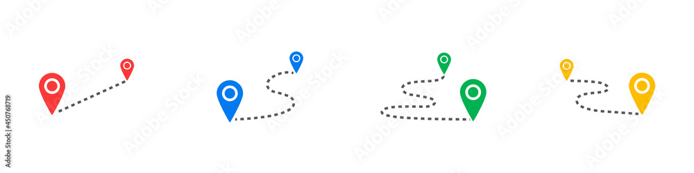 Conjunto de icono de ruta. Concepto de ubicación, punto de partida y ...