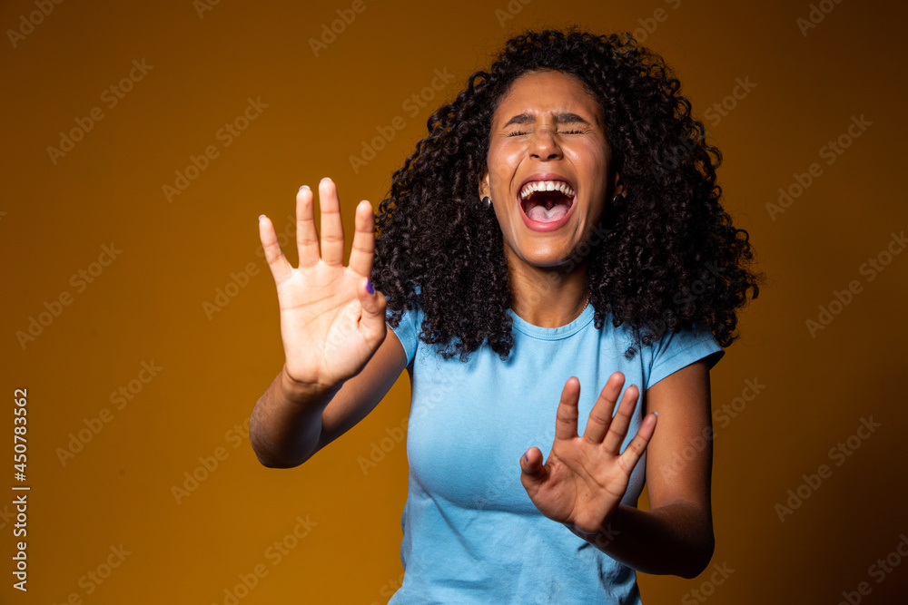 Angry young woman victim of domestic violence and abuse having nervous ...