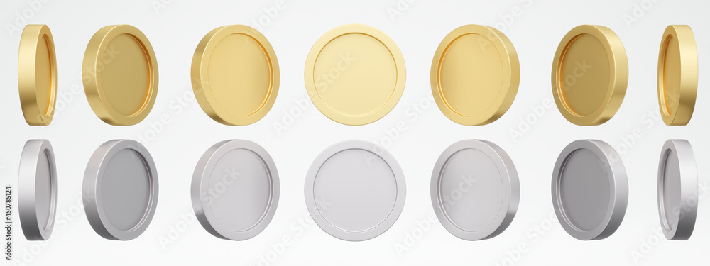 3D Rendering concept of golden and silver coins. Set of spinning coins ...