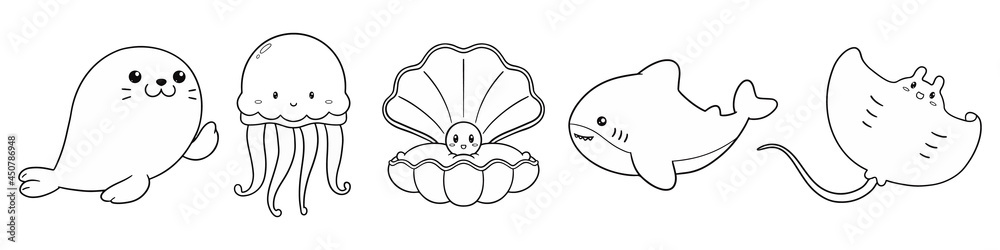Set coloring of sea animals doodle isolated on white background Stock ...