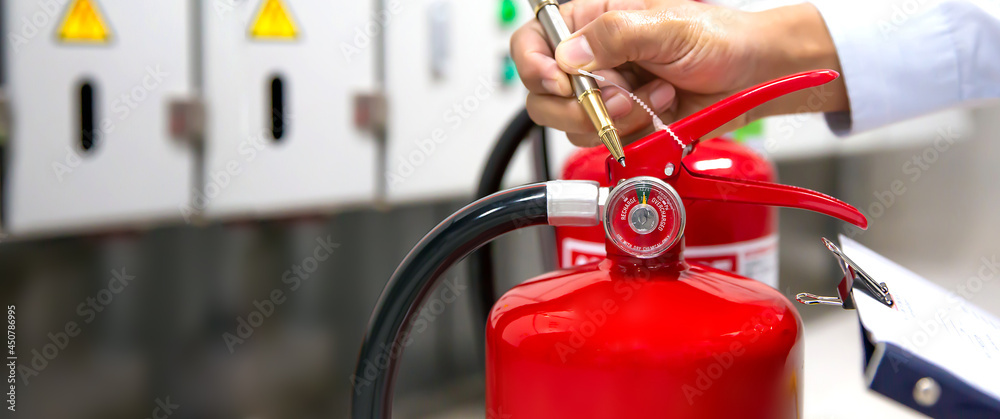 Fire extinguisher, Engineer inspection and checking pressure gauge ...