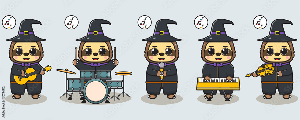 Cute Character Cartoon of Sloth play a musical instrument. Sloth with ...