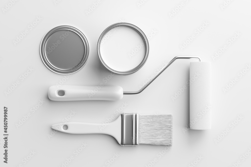 White paint brush set or painting roller and painter can collection of ...
