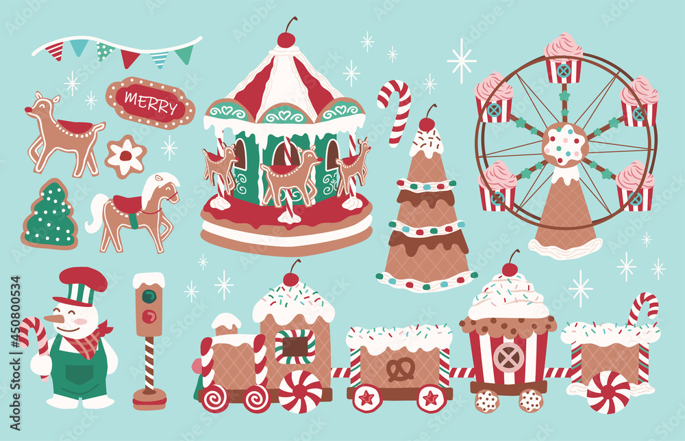 Set of Fun Christmas gingerbread train, carousel, ferris wheel, tree ...
