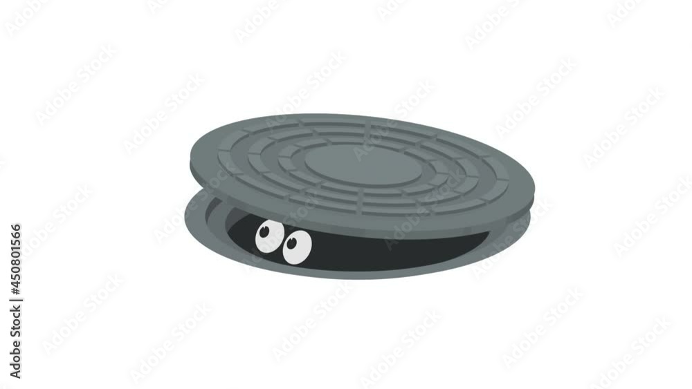 Sewer manhole. Animation of the eyes looking out of the collector ...
