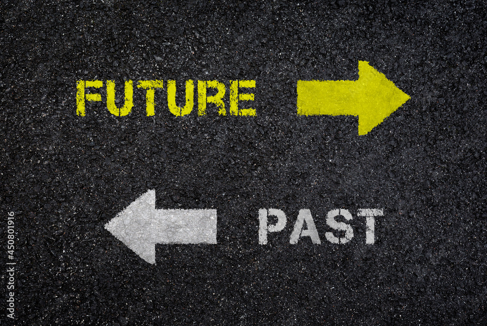 "Future" and "past" signs/words with arrows pointing on opposite ...