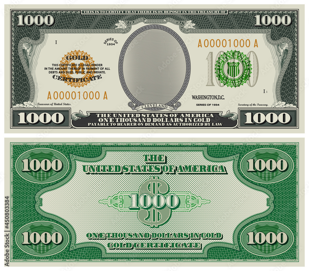 Fictional obverse and reverse of a gold certificate with a face value ...