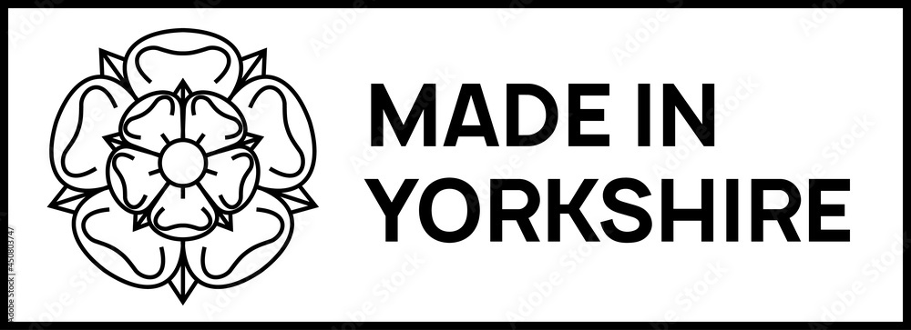 made in yorkshire sign. Rectangular stamp with Yorkshire white rose of ...
