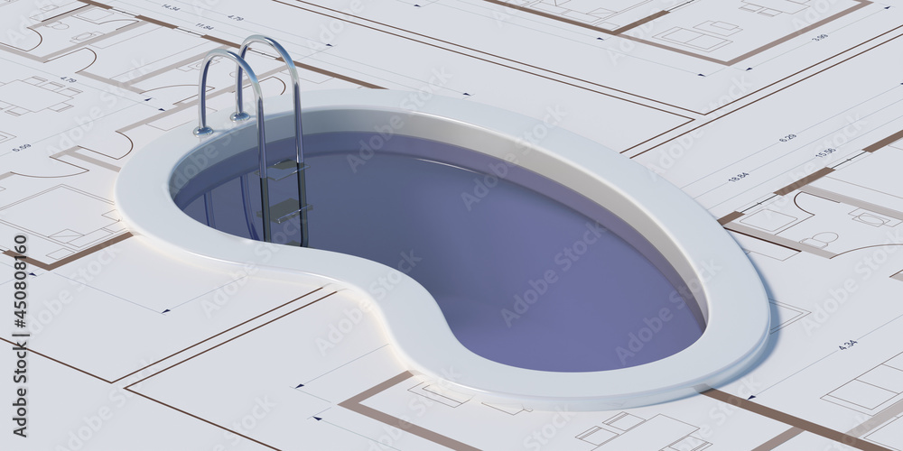 Swimming pool with a staircase and clear water isolated on building ...