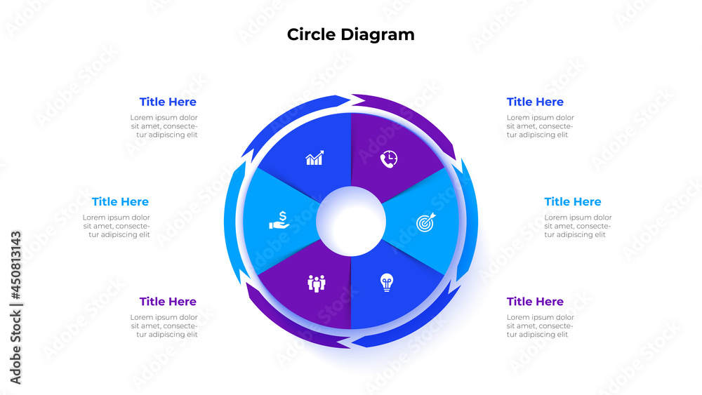 Circle divided into six parts with arrows around. Template for cycle business presentation ...