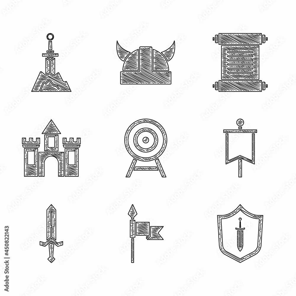 Set Target with arrow, Medieval spear, shield sword, flag, Castle ...
